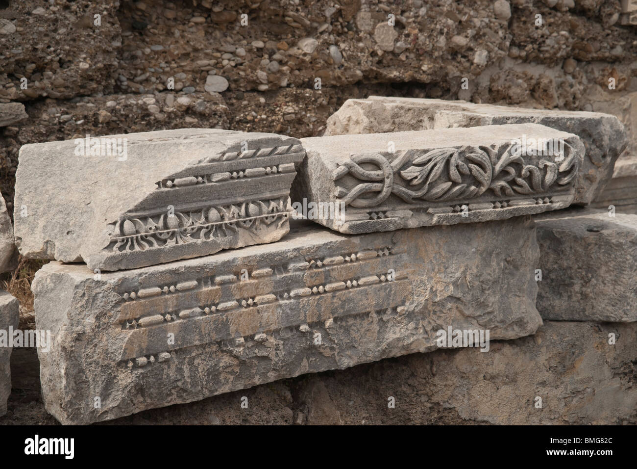 Turkey Antalya - Side, masonry with carvings and frieze details Stock ...