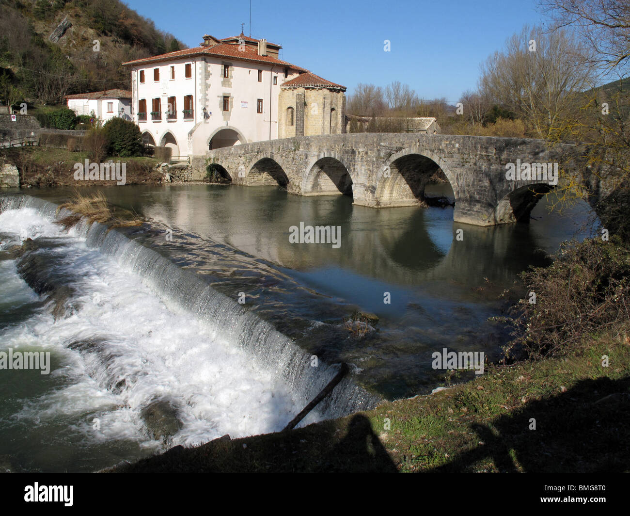 Trinidad de Arre bridge over Ulzama river. Navarre. Spain. WAY OF ST ...