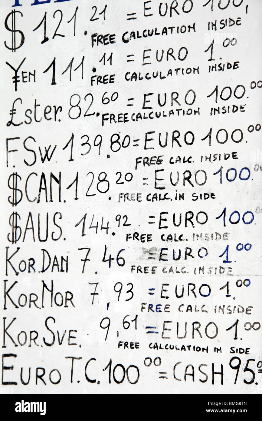 changing foreign currency exchange point rates on board Stock Photo - Alamy