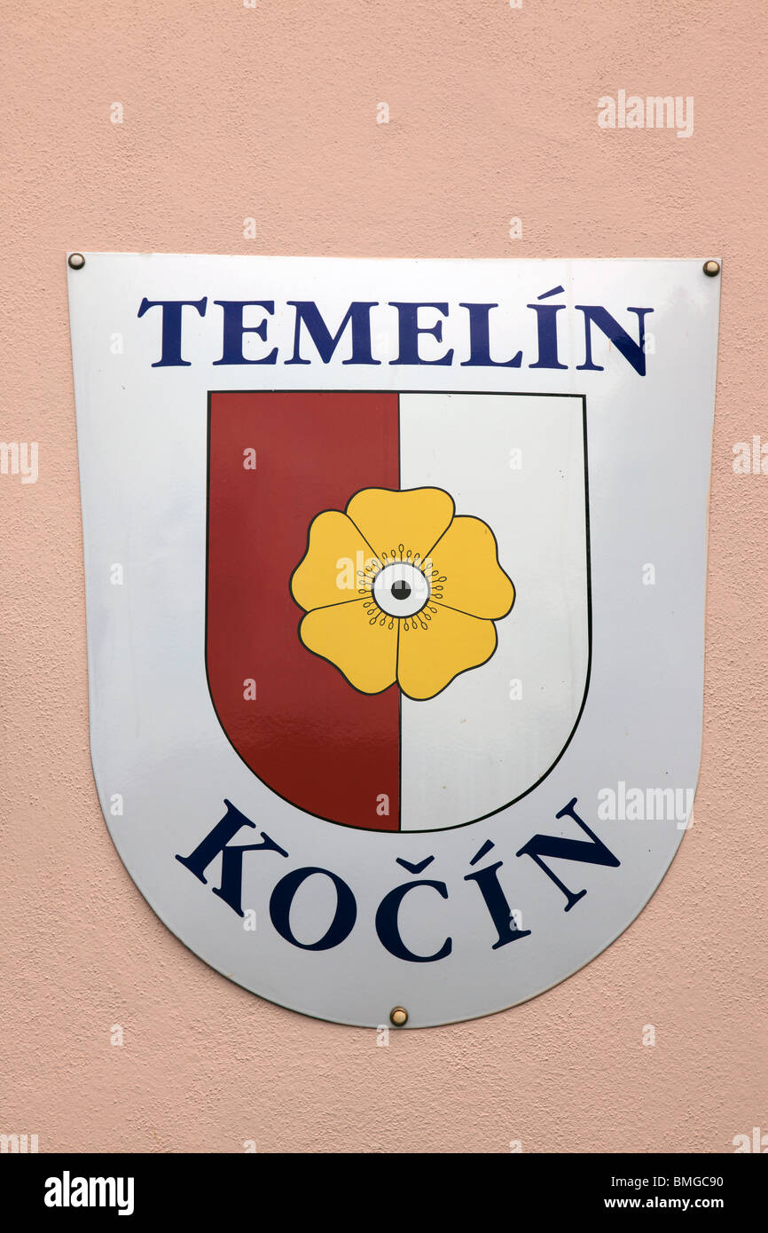 city sign, city arms of Temelin on wall, well known for its Nuclear ...