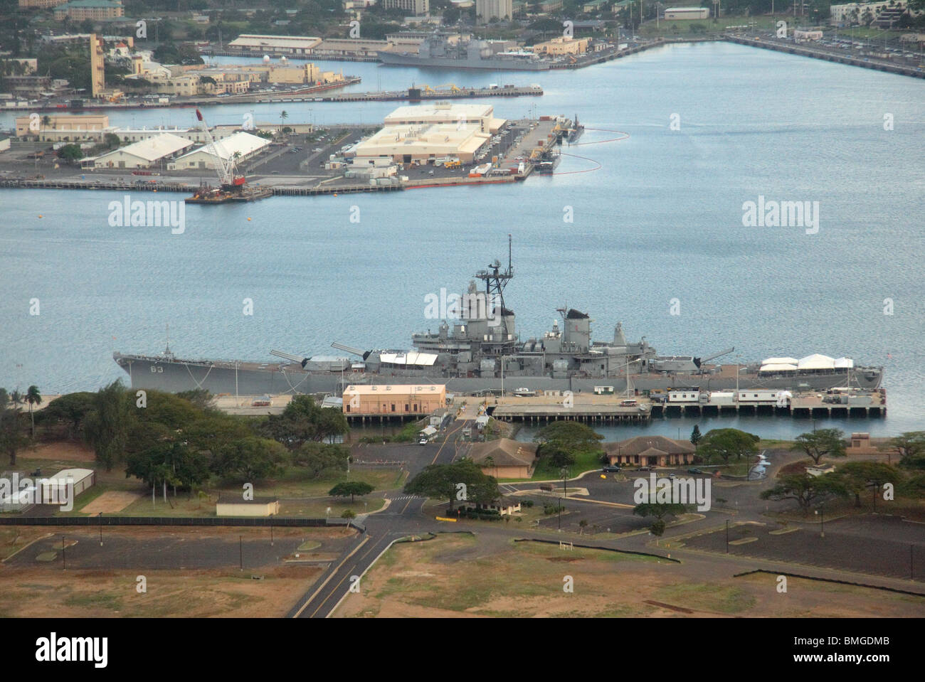 Aerial view of the USS Missouri battleship in Pearl Harbor. Oahu ...