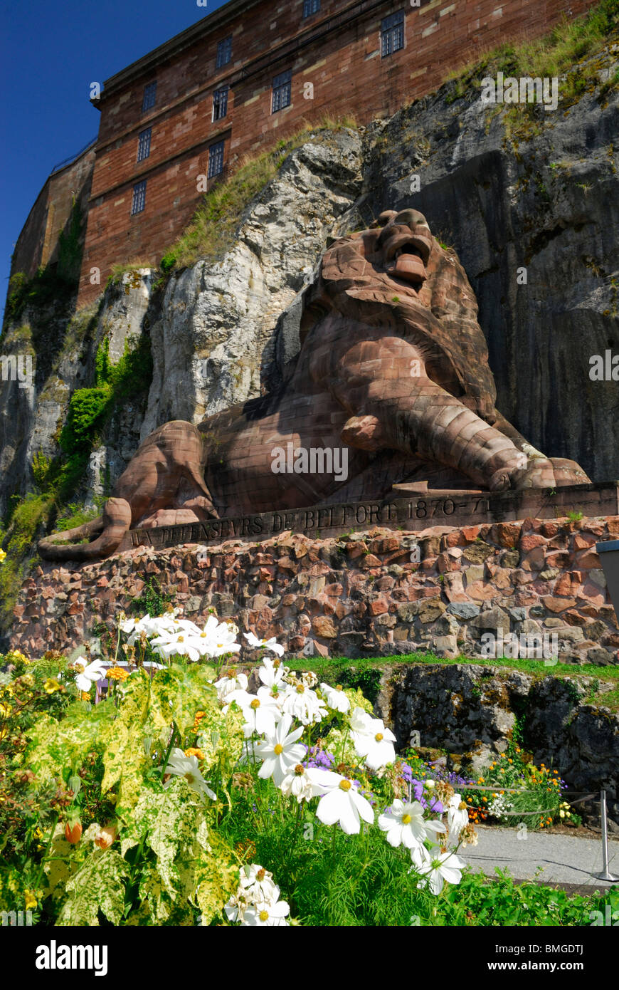 "Lion of Belfort" sculpture down of Belfort citadel. Belfort territory ...