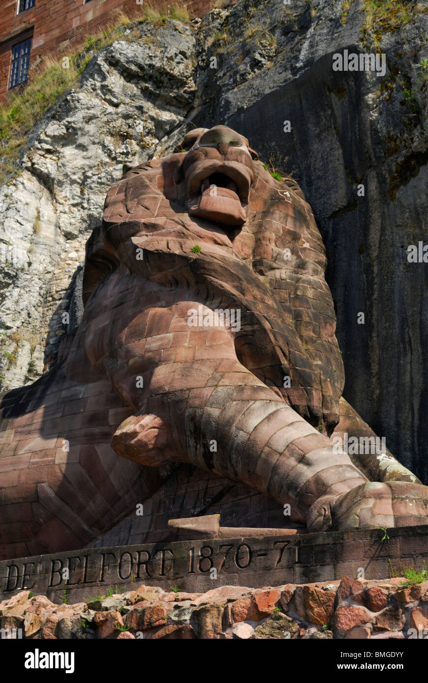 "Lion of Belfort" sculpture down of Belfort citadel. Belfort territory ...