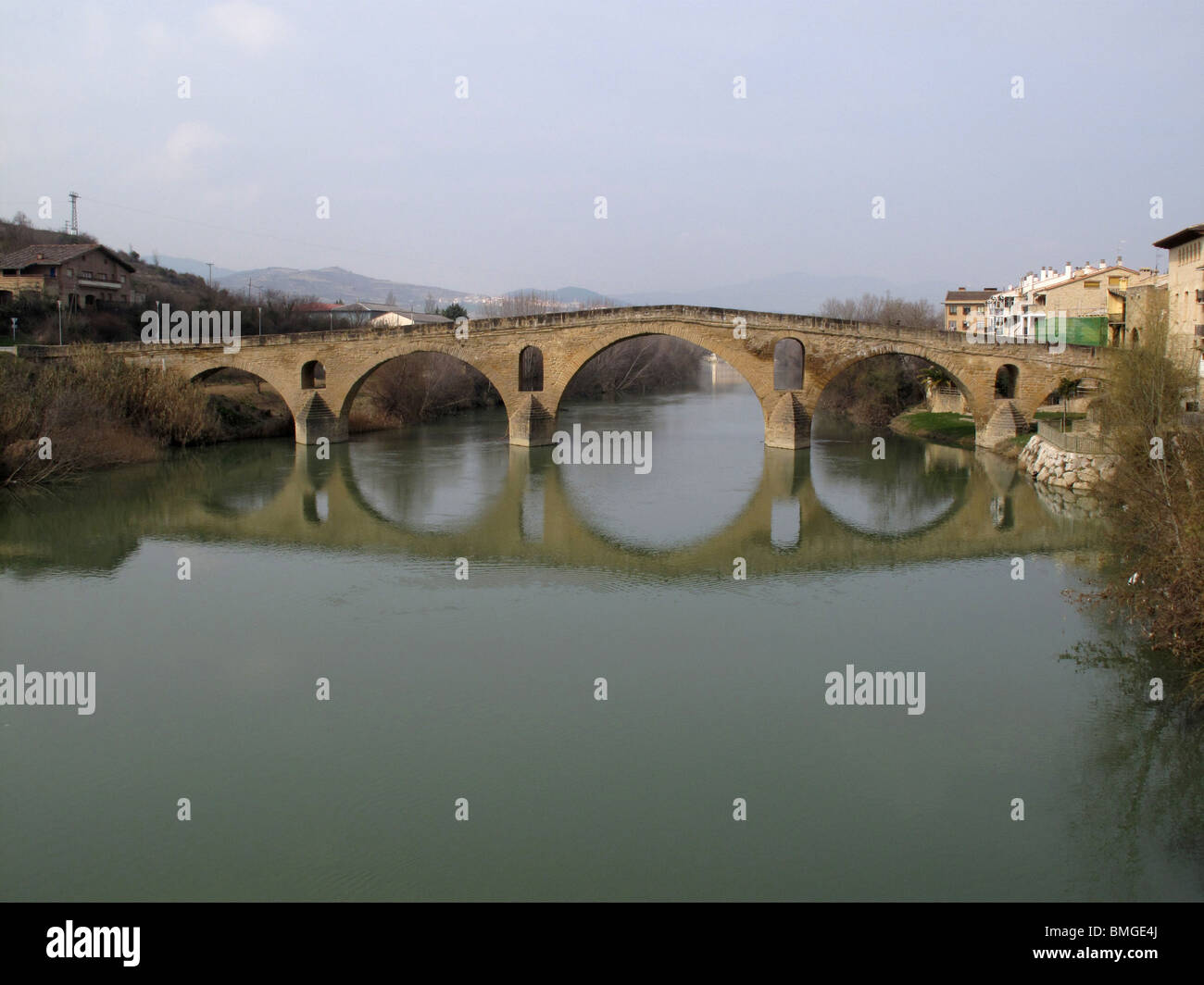 Romanesque bridge of Puente La Reina over Arga river. Navarre. Spain ...