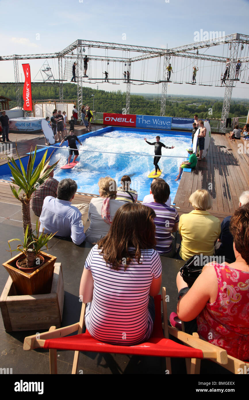 The Wave, an artificial surf wave in a pool. People learn to surf, good ...