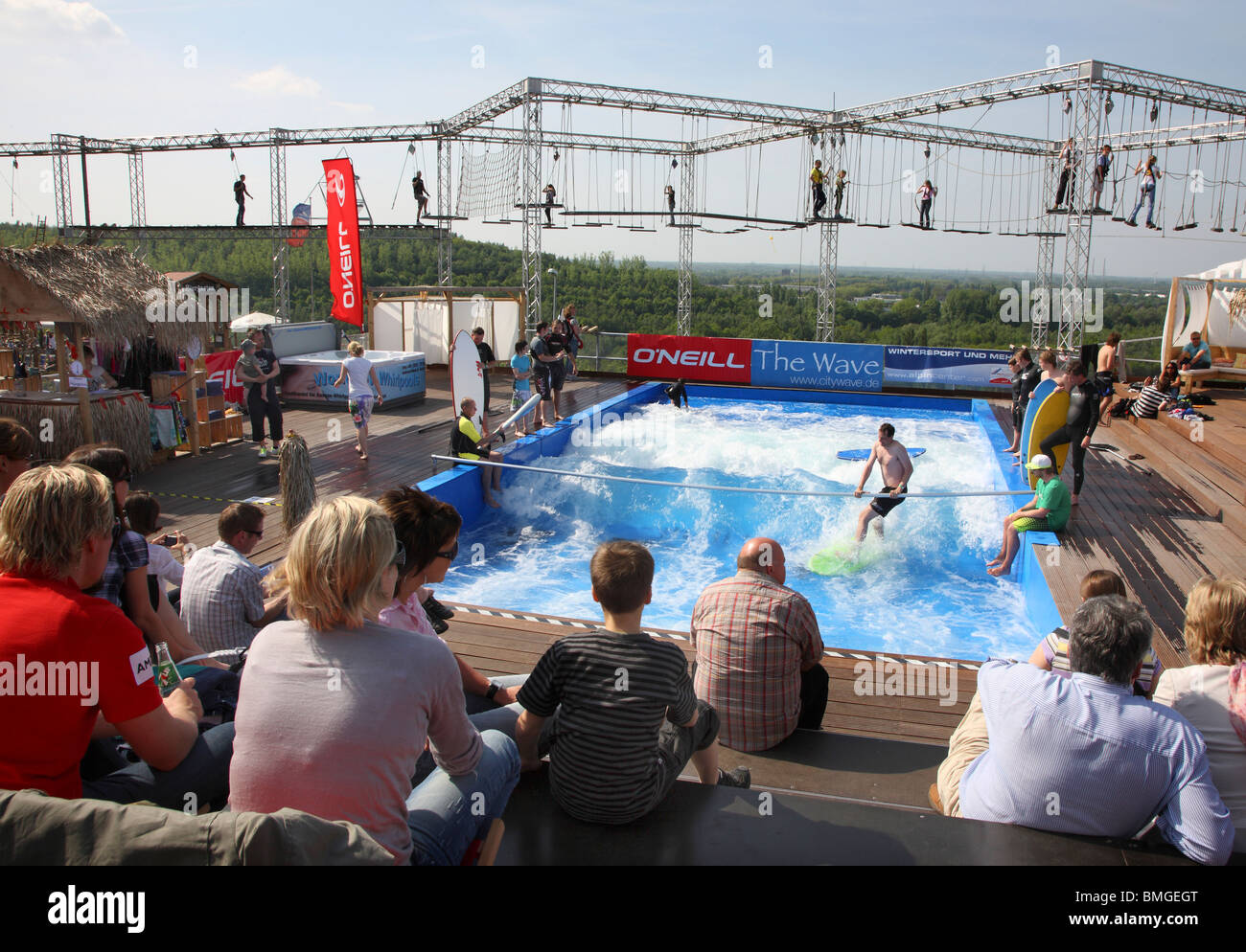 The Wave, an artificial surf wave in a pool. People learn to surf, good ...