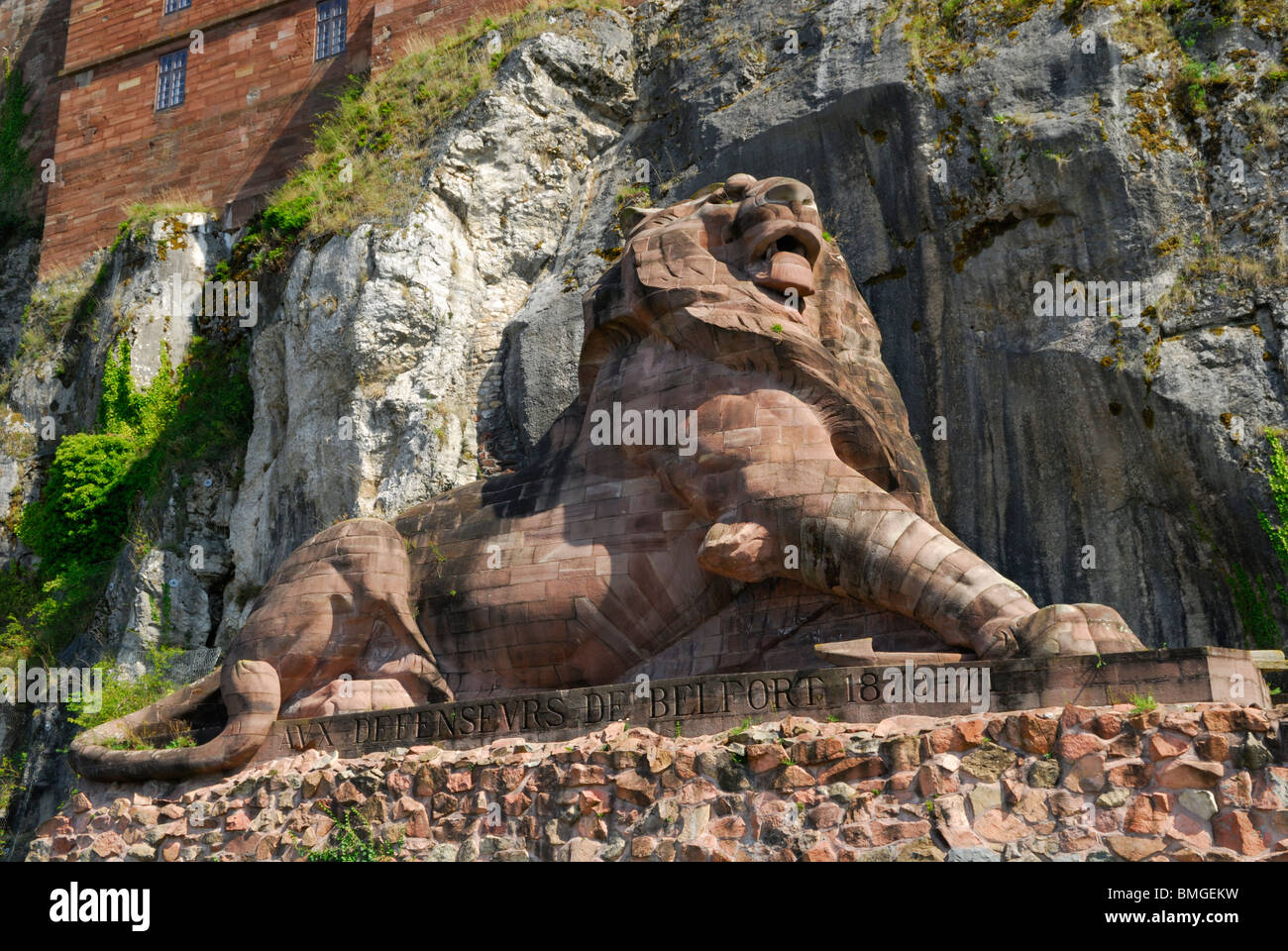 "Lion of Belfort" sculpture down of Belfort citadel. Belfort territory ...
