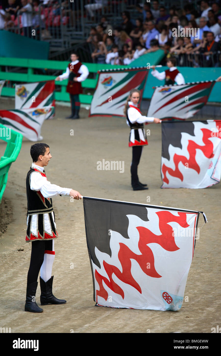 Flag throwers at traditional Ferrara's Palio, Ferrara, Italy Stock ...