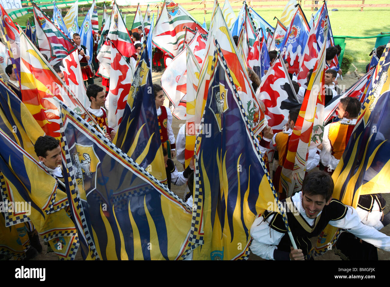 Flag throwers at traditional Ferrara's Palio, Ferrara, Italy Stock ...