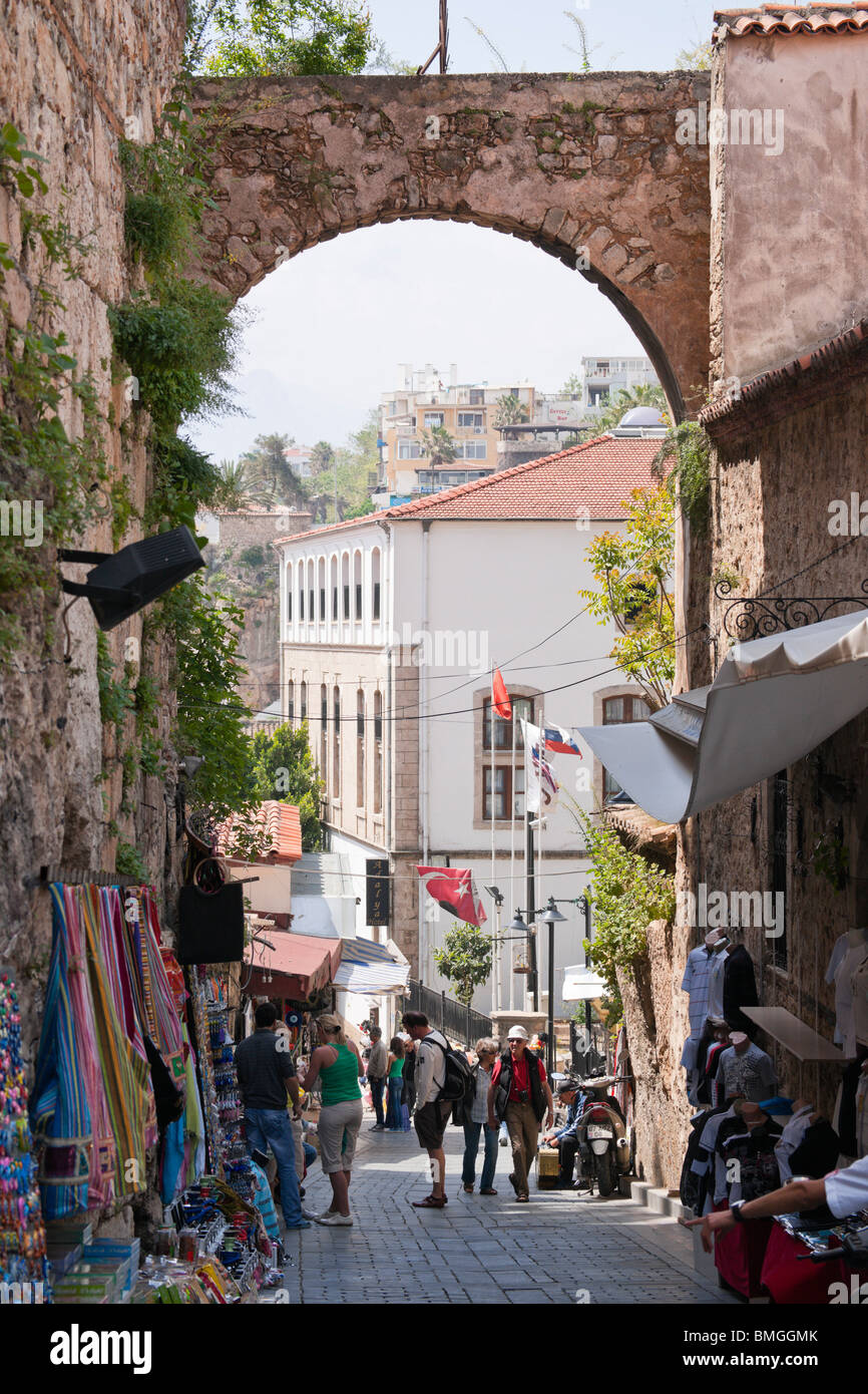 Turkey Antalya - Kaleici old town street with archway in the city walls ...