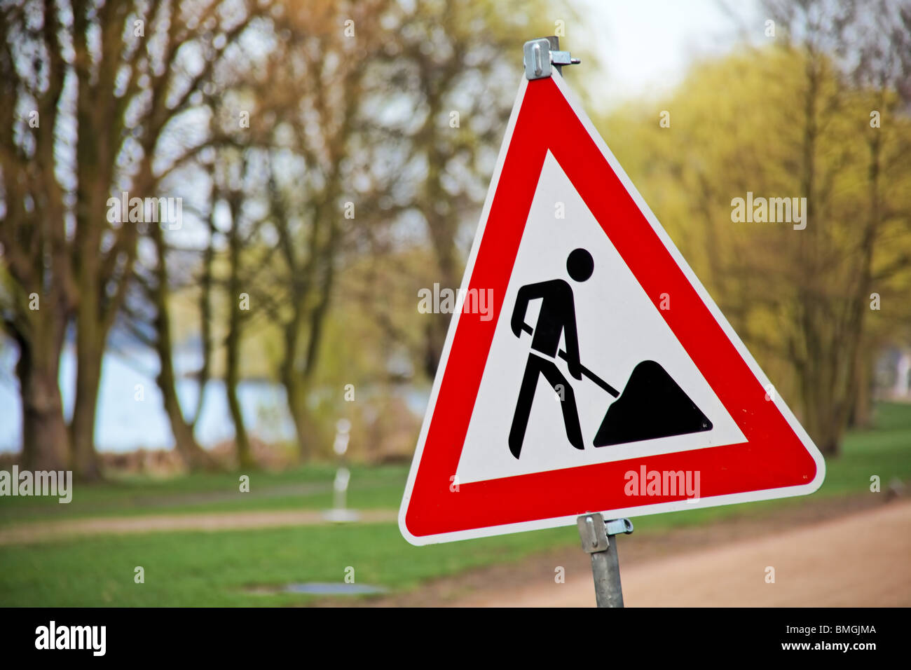 Sign and traffic sign road construction work at a construction site ...