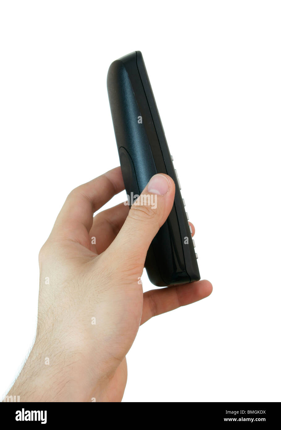 Cell Phone in a man hand. Isolated on white Stock Photo - Alamy