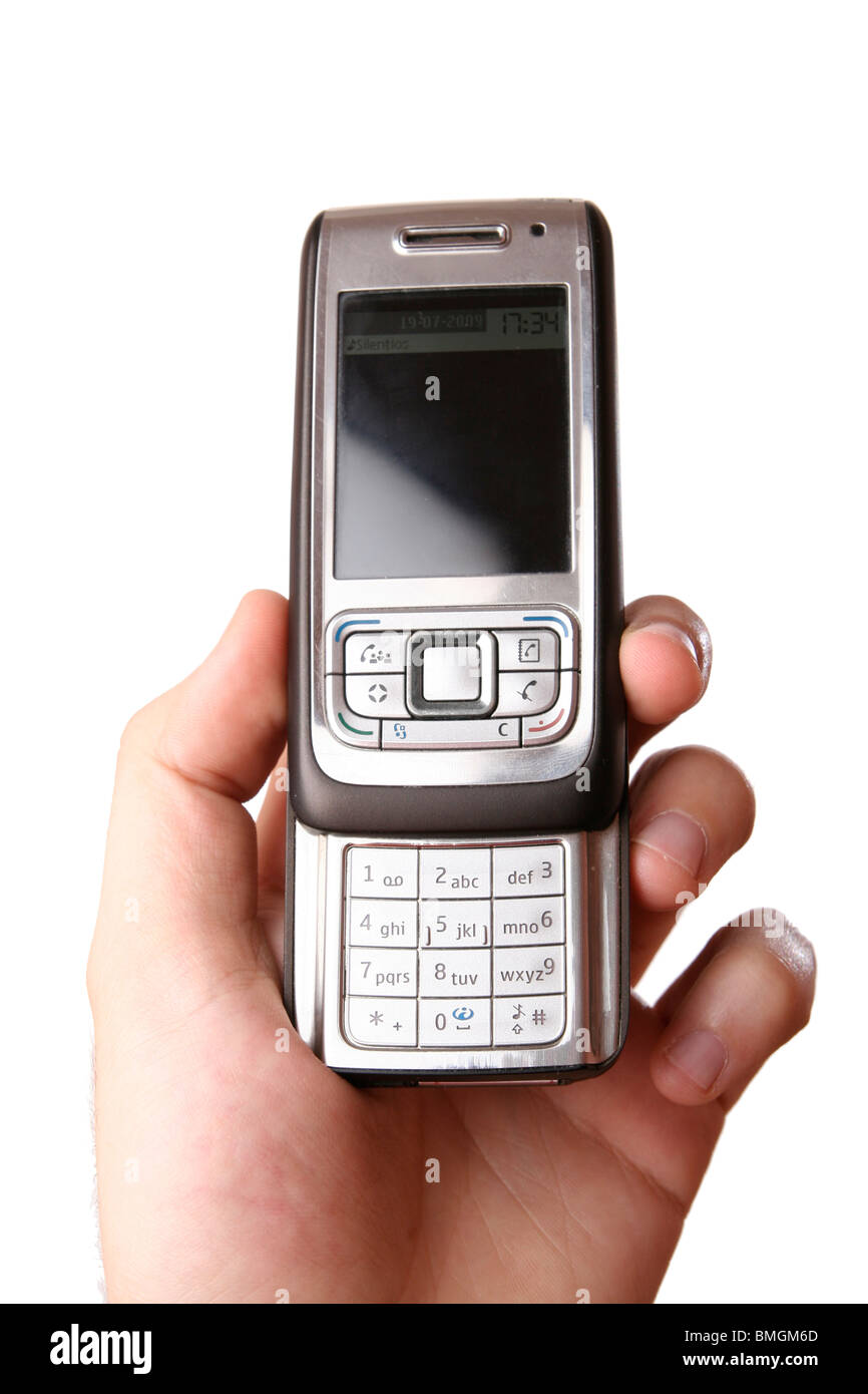 Cell Phone in a man hand. Isolated on white background Stock Photo - Alamy