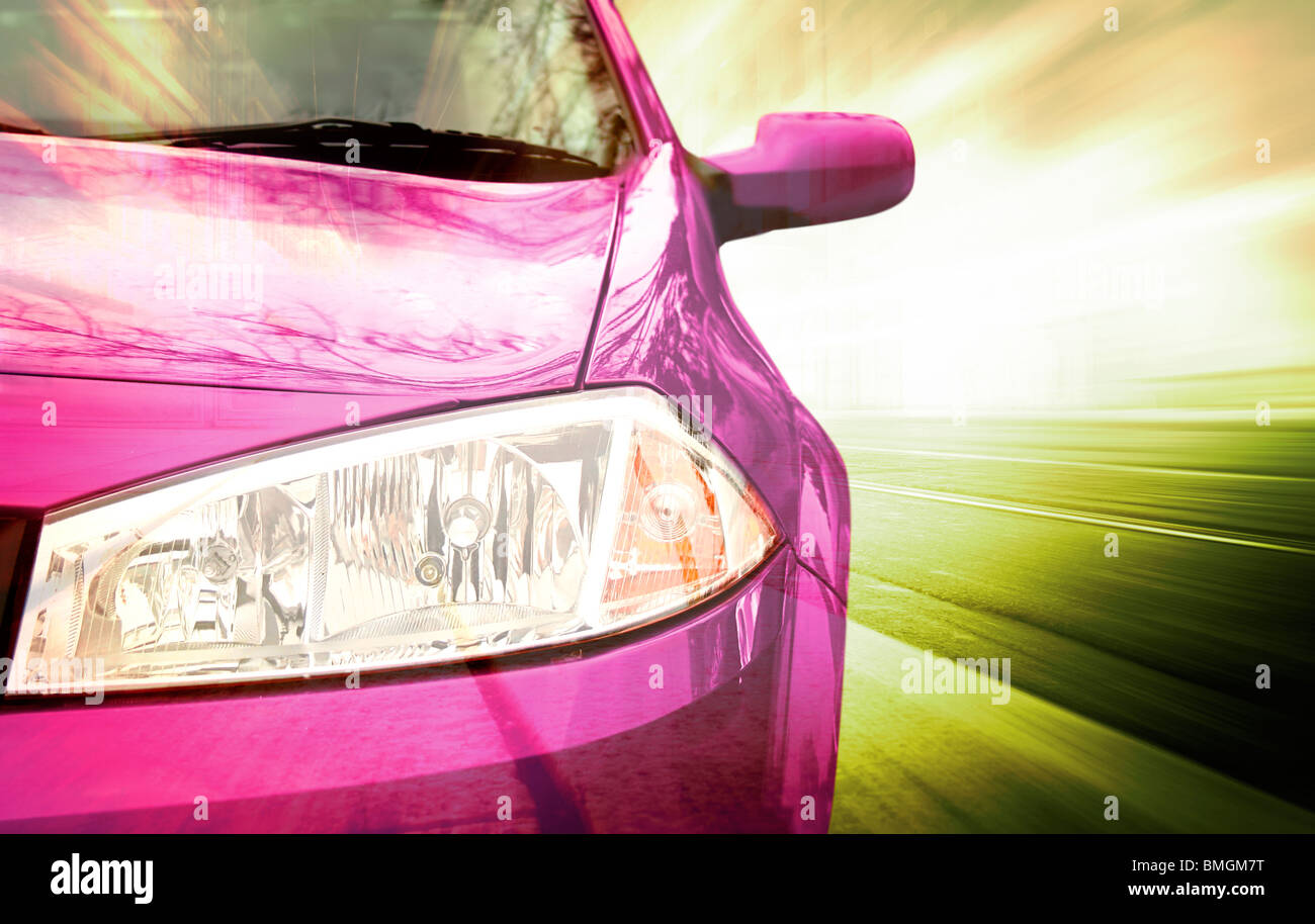 Pink Sport Car - Front side - on the road Stock Photo - Alamy