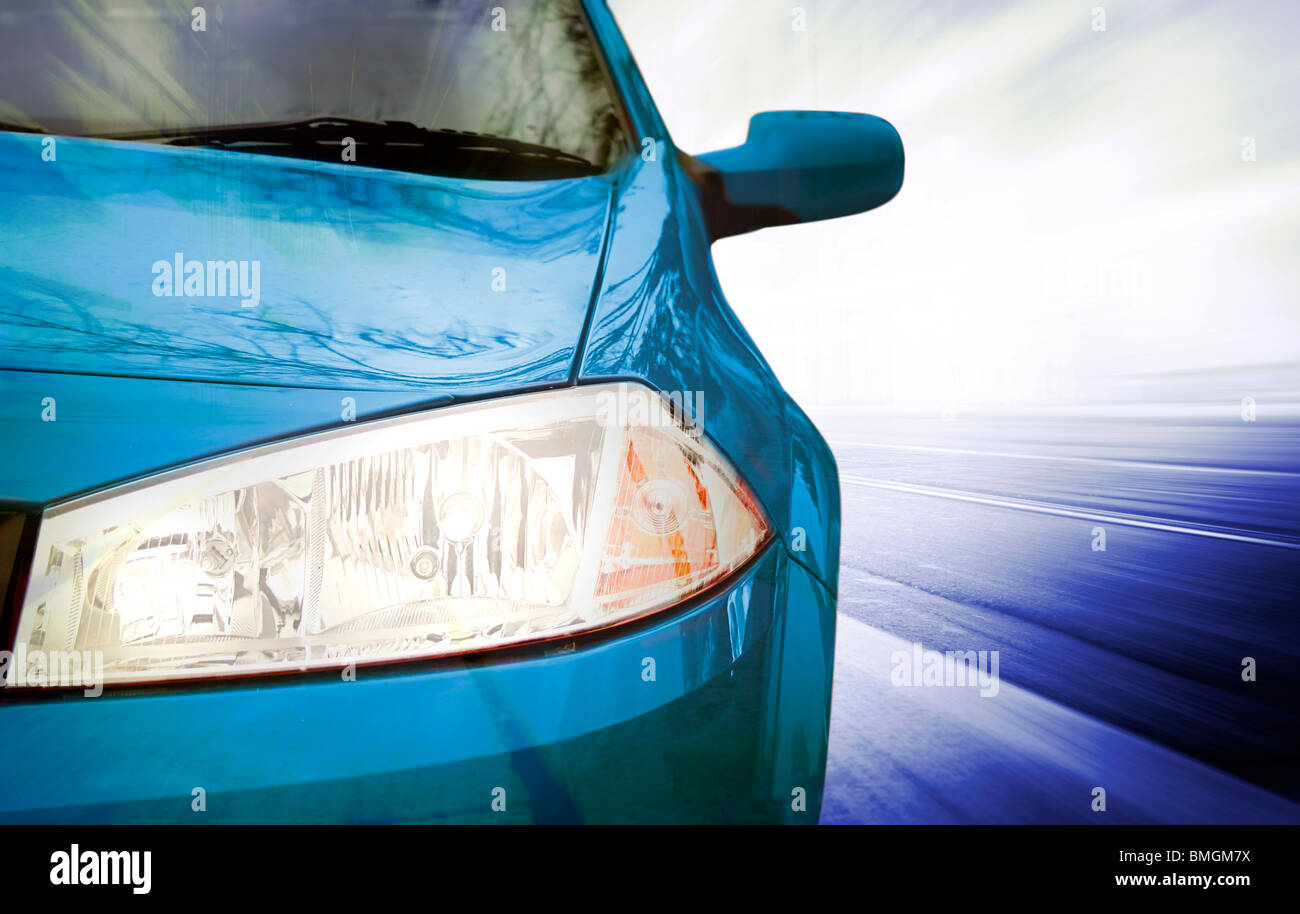 Blue Sport Car - Front side - on the road Stock Photo - Alamy