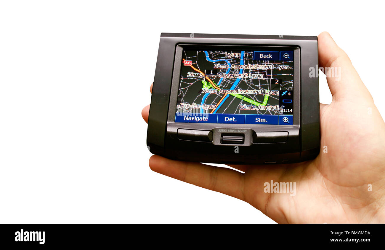 Gps in a man hand. Find your way ! Stock Photo - Alamy