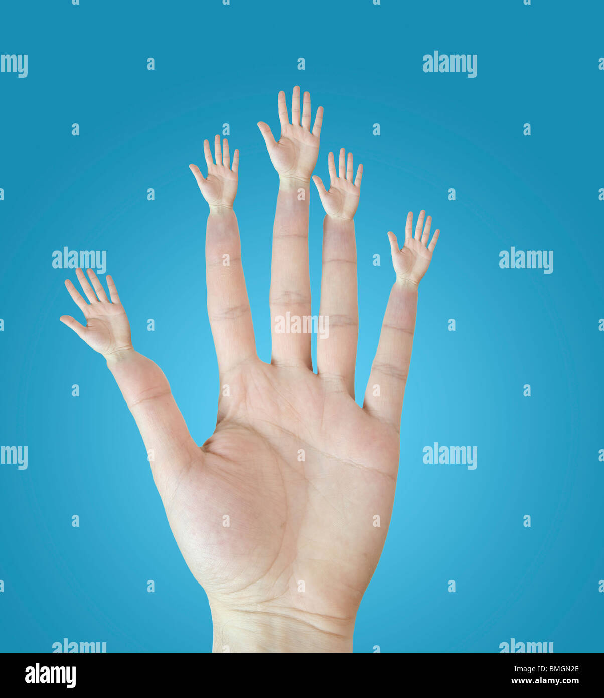 A hand of a men with multiple hands on each finger Stock Photo - Alamy