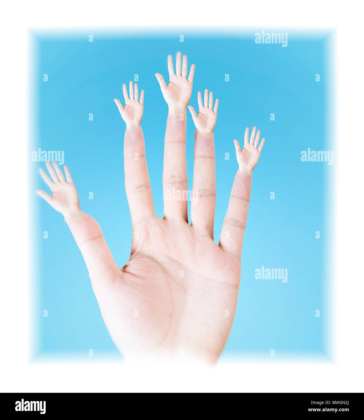 A hand of a men with multiple hands on each finger Stock Photo - Alamy