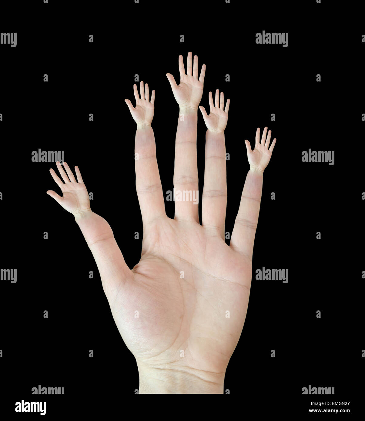A hand of a men with multiple hands on each finger Stock Photo - Alamy