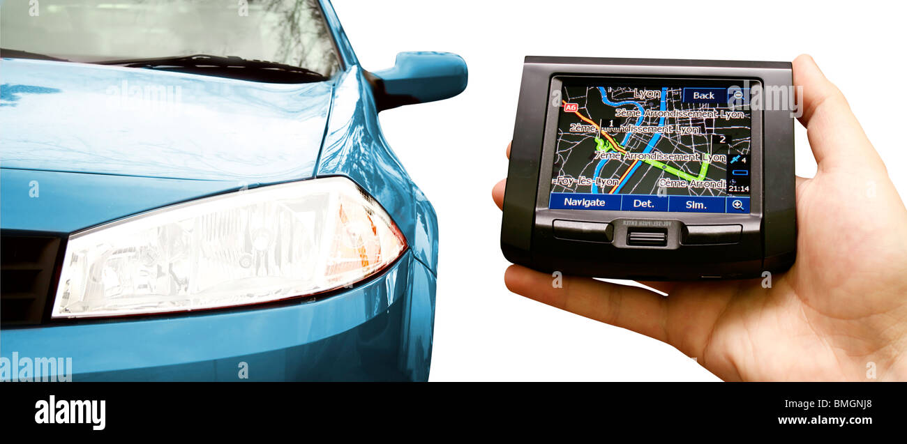 Gps in a man hand. Find your way ! Stock Photo - Alamy