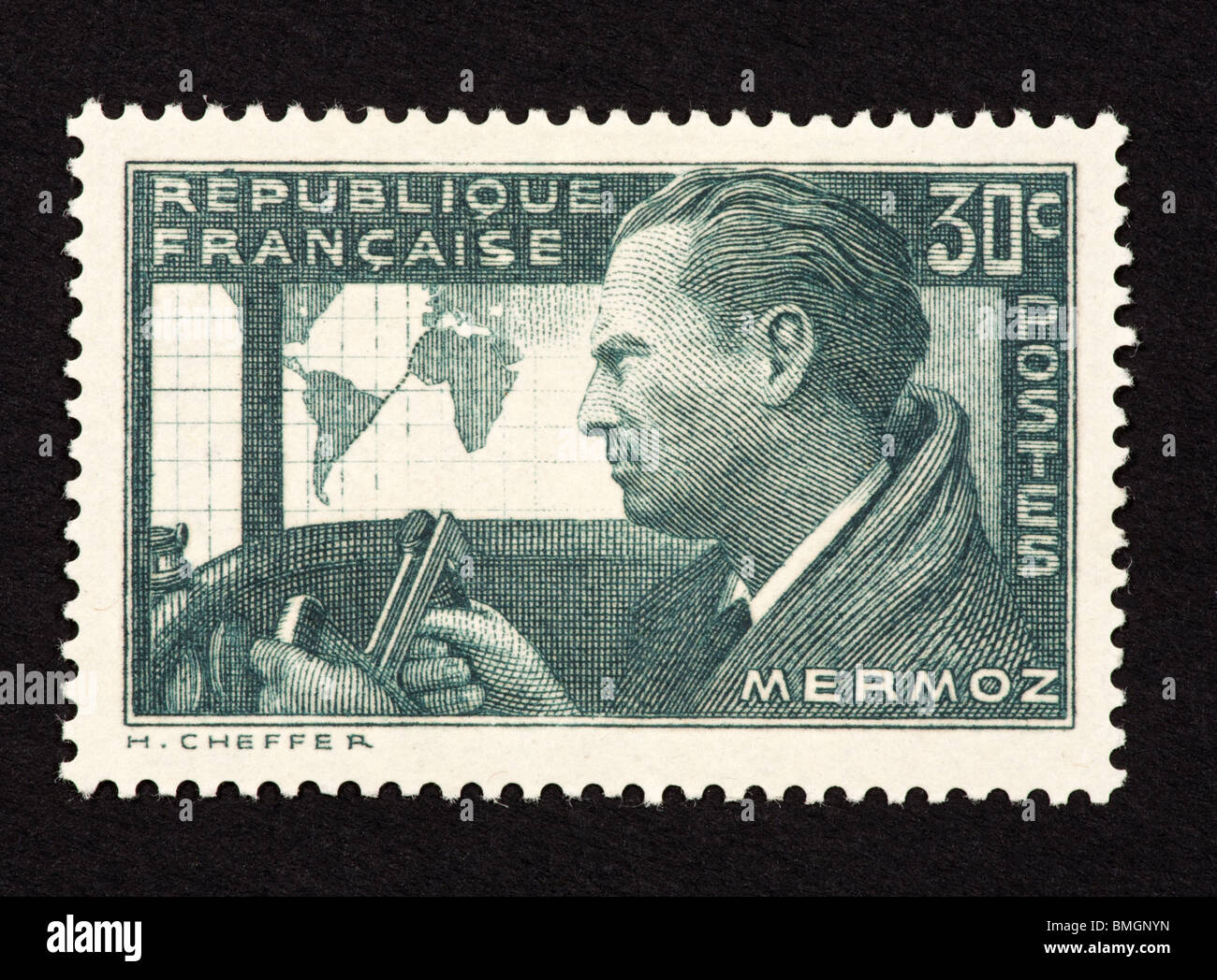 Postage stamp from France depicting Jean Mermoz, early aviator Stock ...