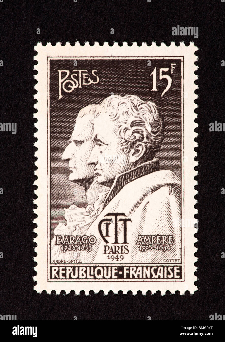 Postage stamp from France depicting Francois Arago and Andre Ampere ...