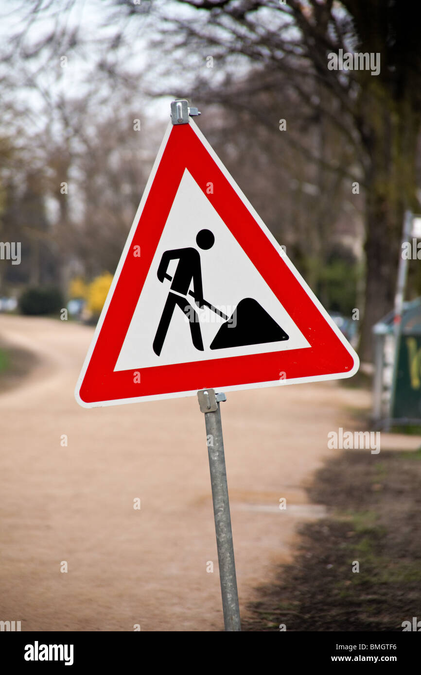 Sign and traffic sign road construction work at a construction site ...