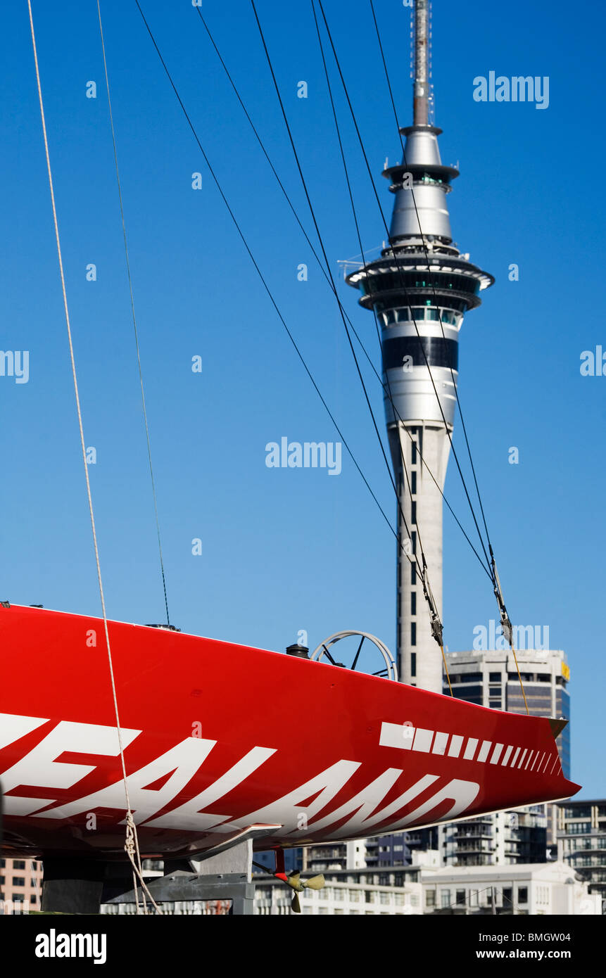 Detail of the hull New Zealand and The Sky Tower on the back, Auckland ...