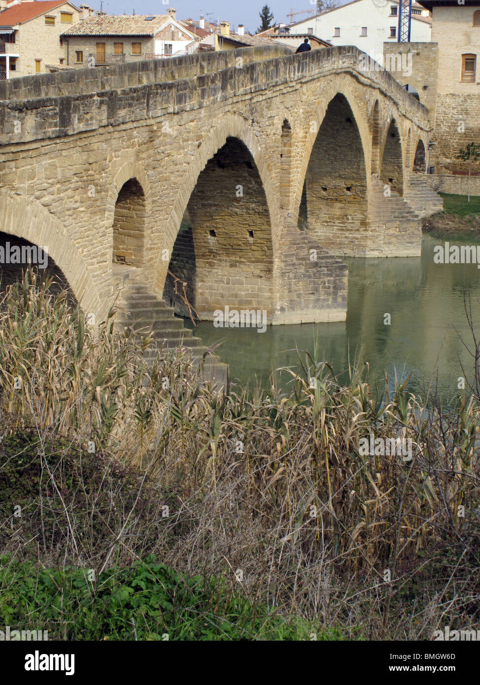 Romanesque bridge of Puente La Reina over Arga river. Navarre. Spain ...