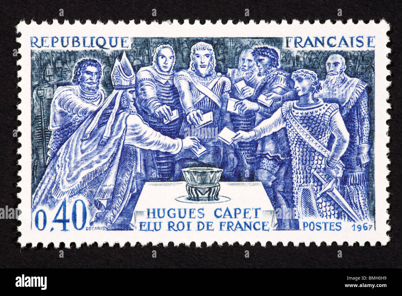 Postage stamp from France depicting the election of Hugh Capet as king ...