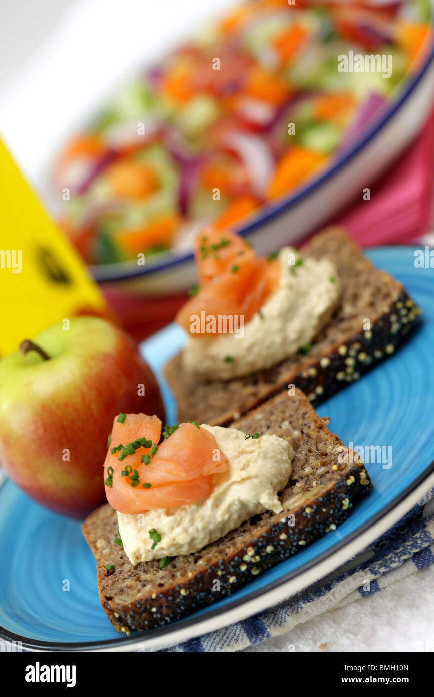 Cured Healthy Fresh Smoked Salmon with Hummus On Sliced Brown Rye ...