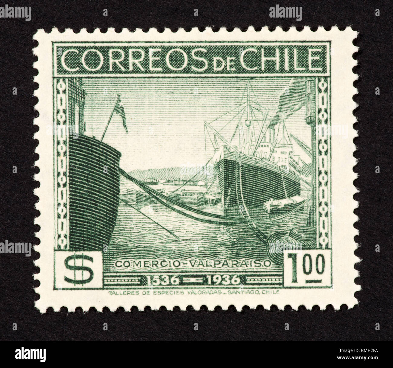 Postage stamp from Chile depicting shipping at Valparaiso Stock Photo ...