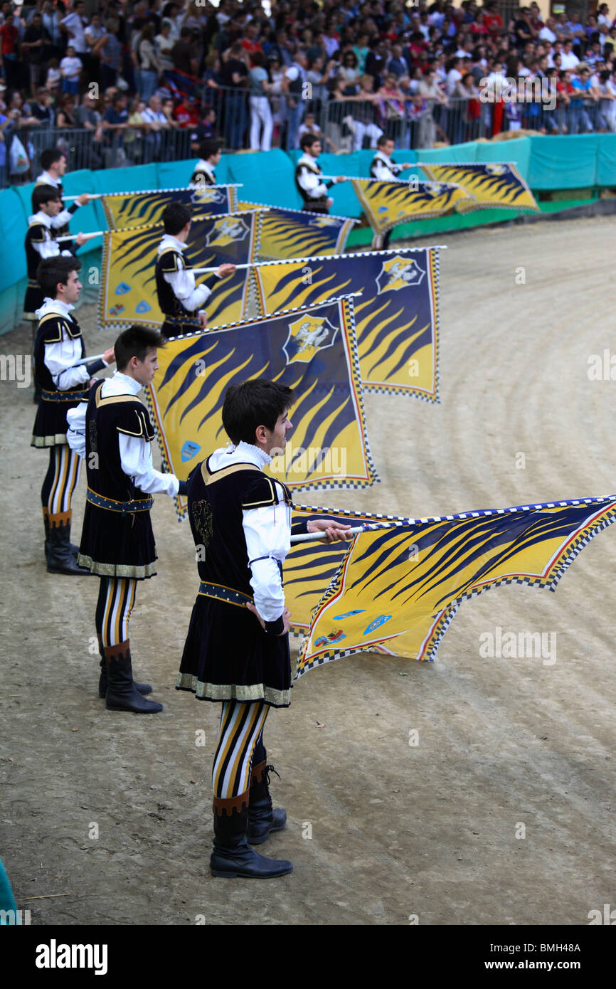Flag throwers at traditional Ferrara's Palio, Ferrara, Italy Stock ...