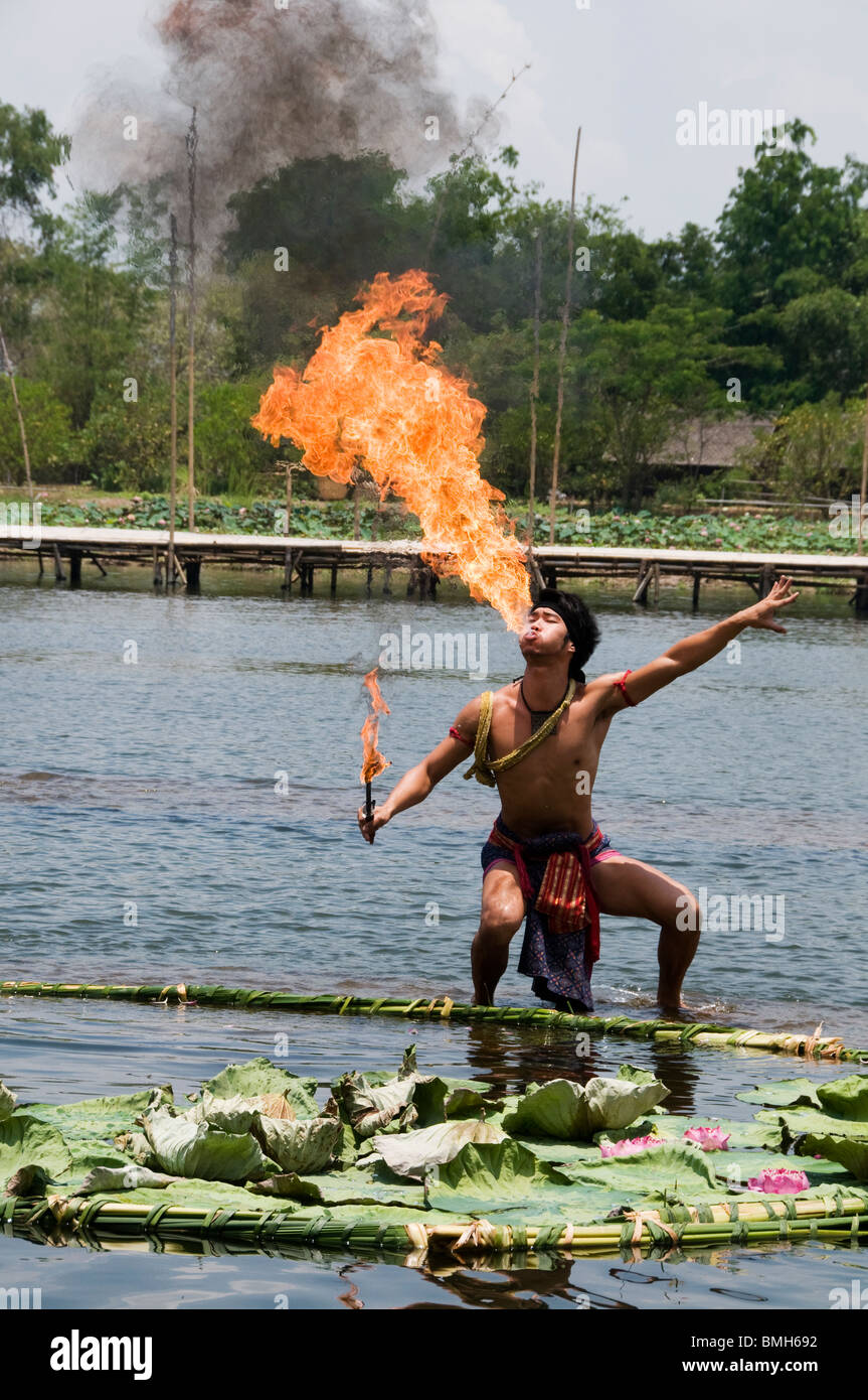 fire eater show at outdoor water theatre, Klong sra bua floating market ...