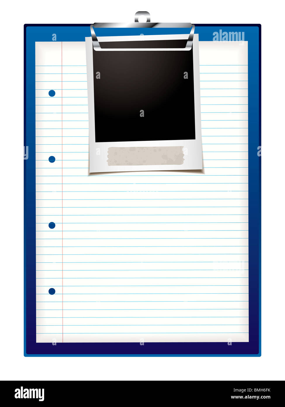Blue clip board with instant photo and white paper with lines Stock ...