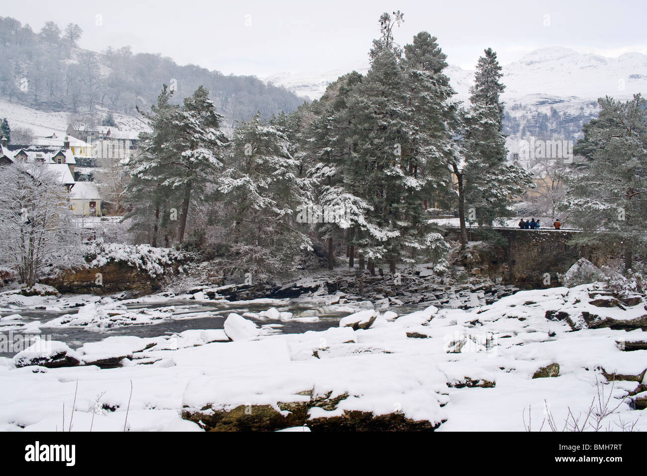 Falls of Dochart, snow, river, ice, winter, Killin, Scotland, December ...