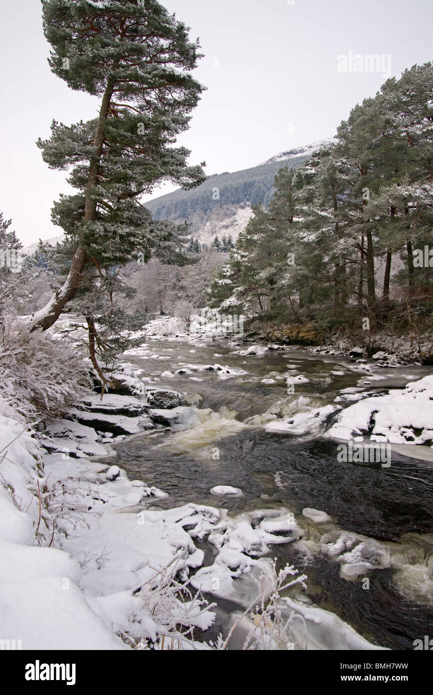 Falls of Dochart, snow, river, ice, winter, Killin, Scotland, December ...