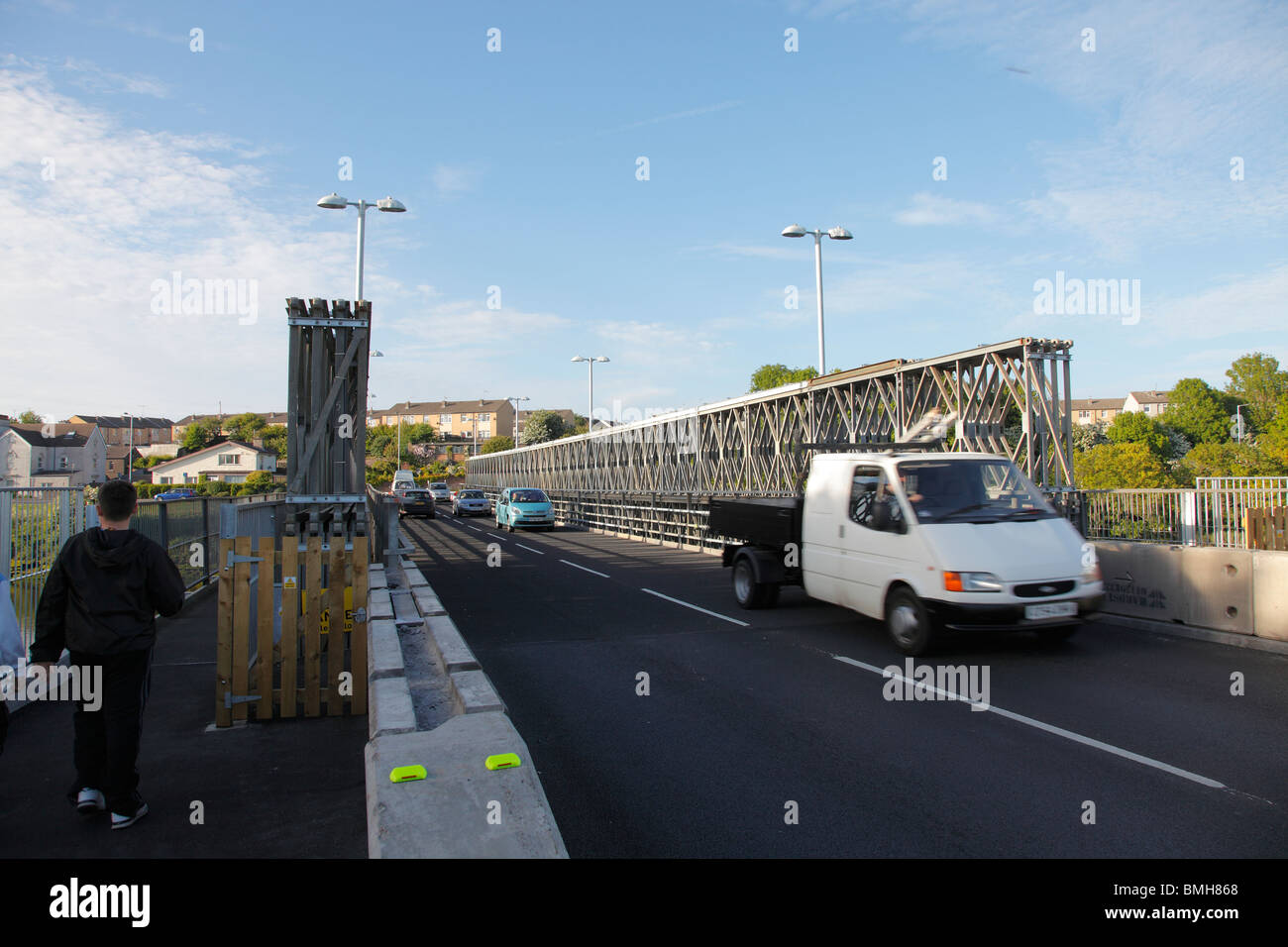 Workington temporary road bridge over the river Derwent. White van and ...