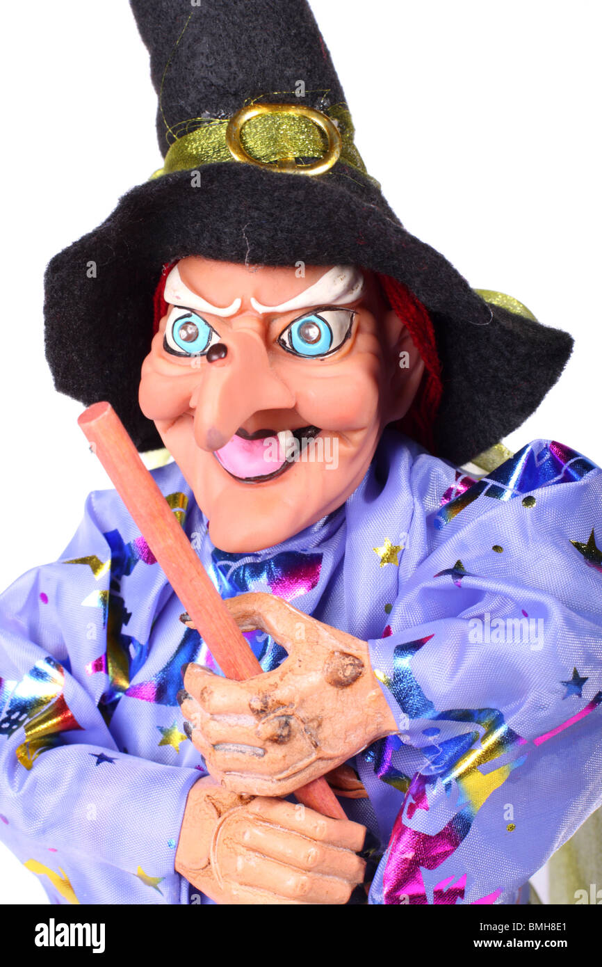 Witch with broom isolated on white Stock Photo - Alamy
