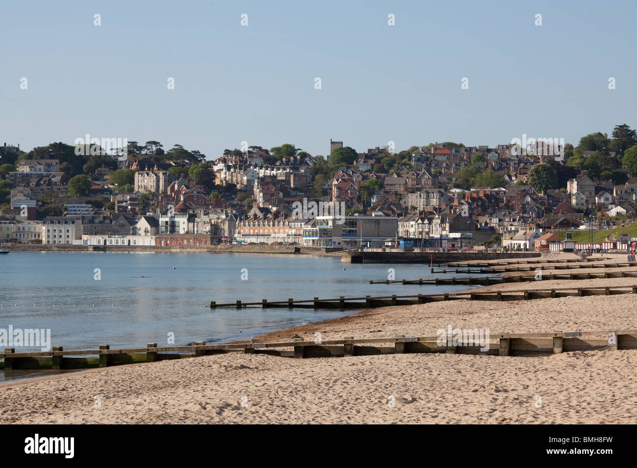 Wooden Groynes on empty Swanage Beach Stock Photo, Royalty Free Image ...