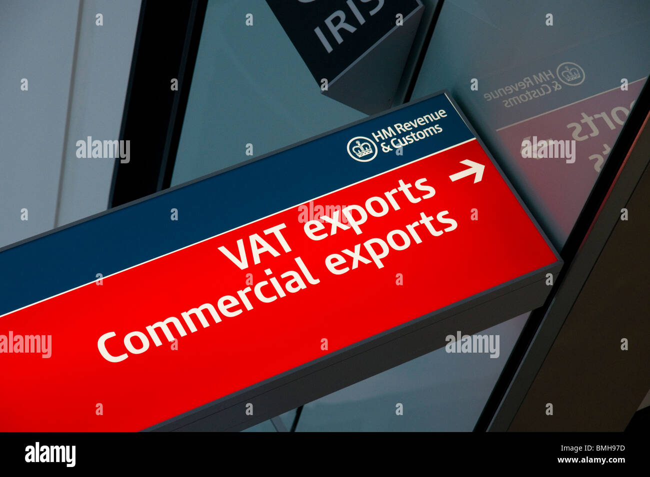 London Heathrow Airport Terminal 5 - sign for commercial export desk of ...