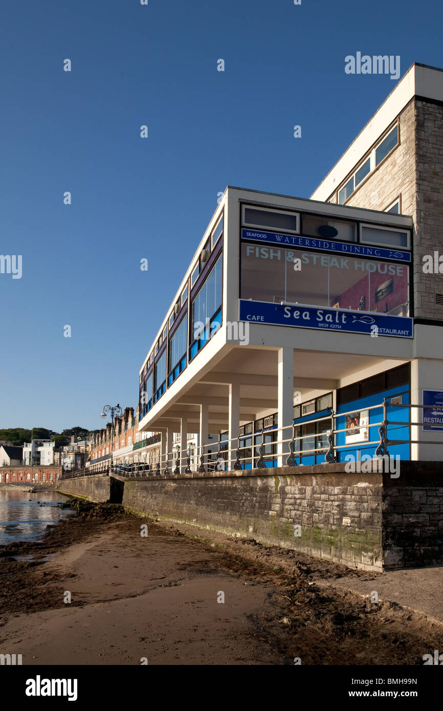 Empty promenade and restaurant overlooking the sea at Swanage Stock ...