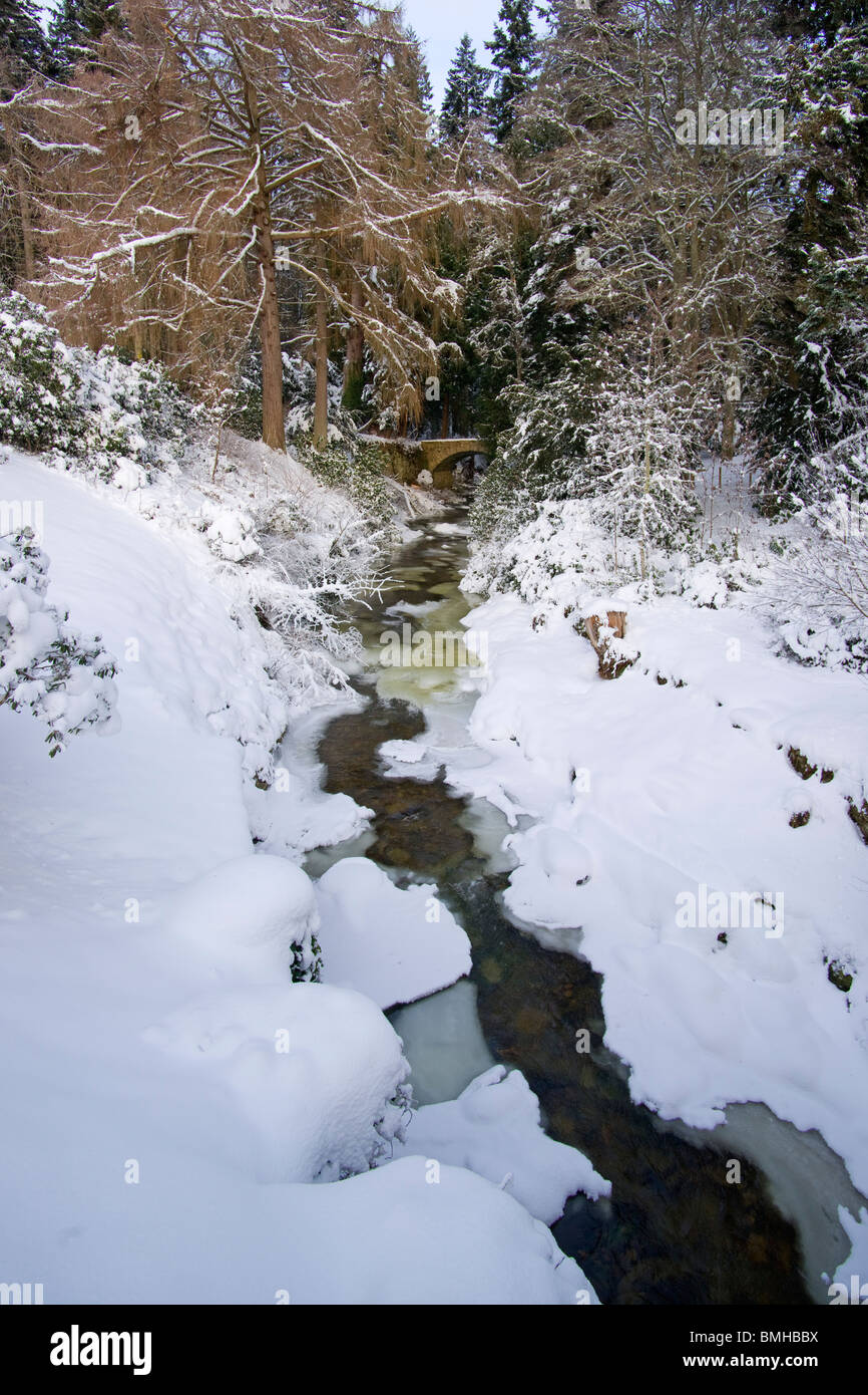 Snowy stream and bridge, Blair Atholl, Perthshire, Scotland, December ...