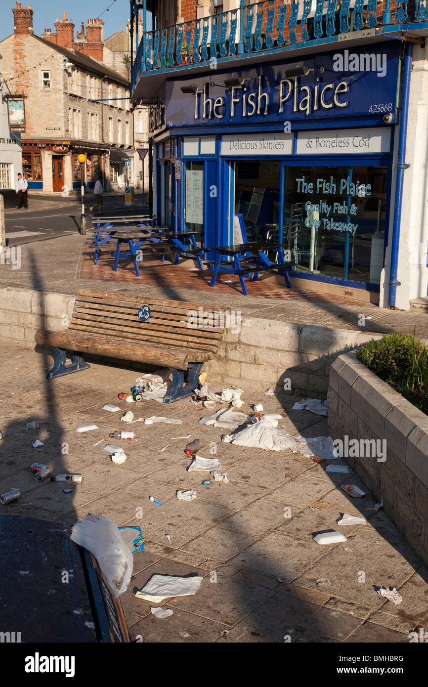 litter and rubbish left outside a seaside chip shop to be cleared up ...