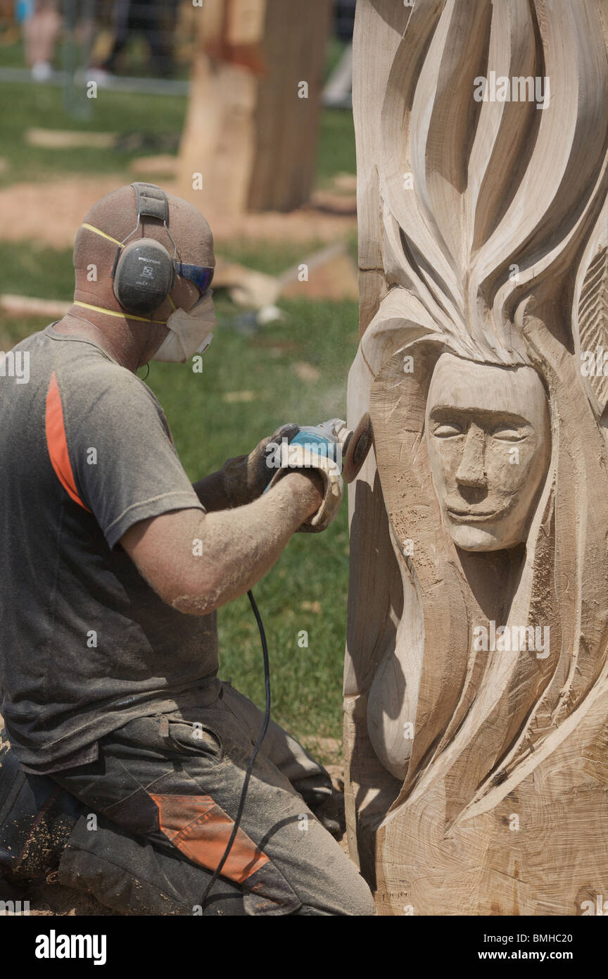 A competitor in the wood carving competition, Woodfest Wales, St Asaph ...