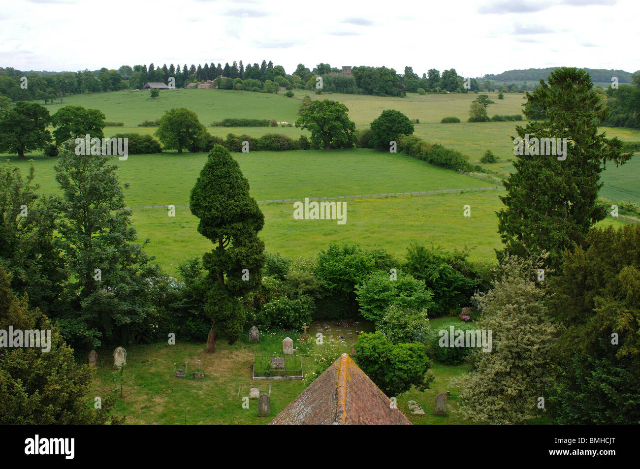 View from tower of Studley Church towards Studley Castle, Warwickshire ...