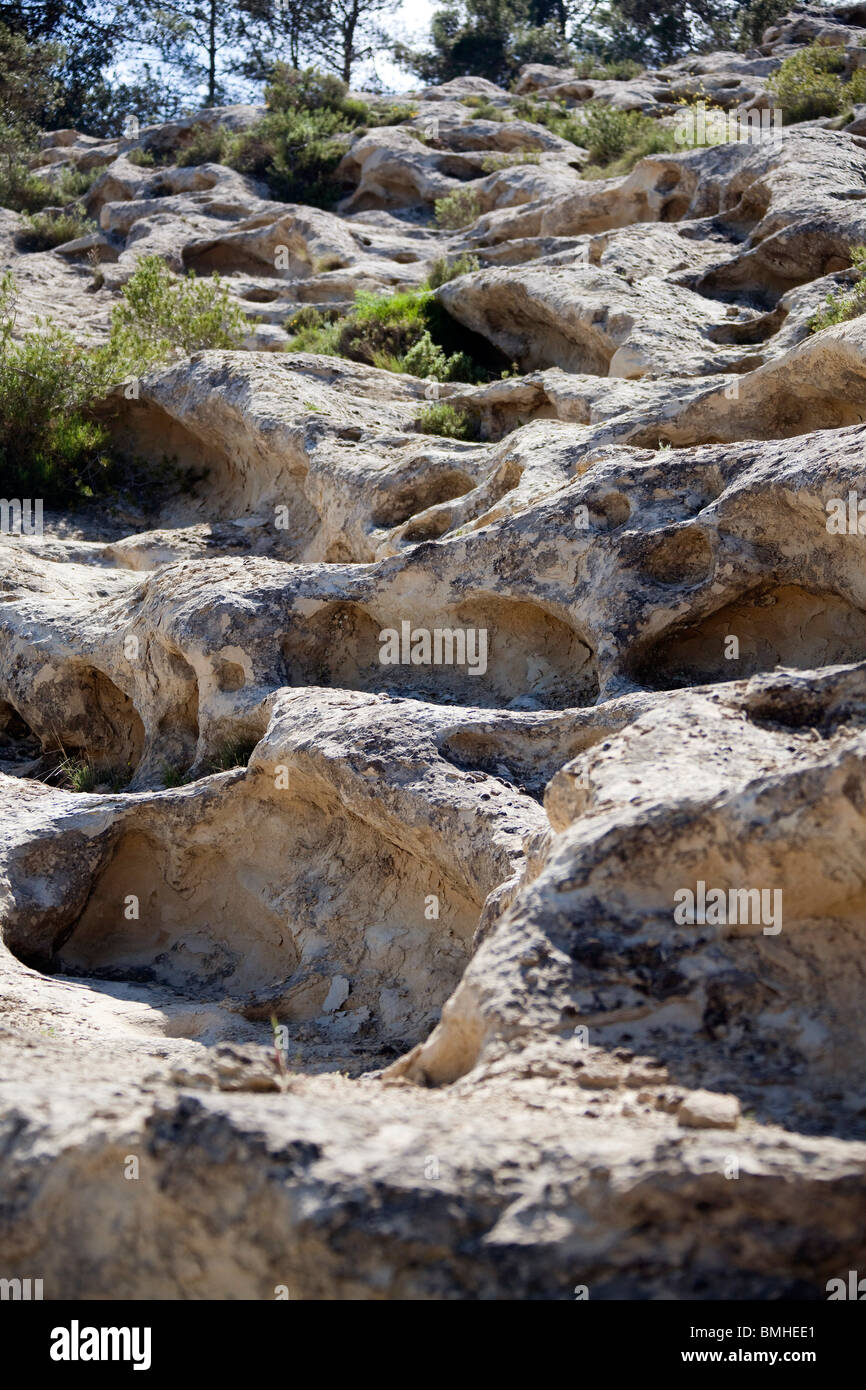 Honeycomb rock formation, effect of erosion, near Alcala. Marina Alta ...