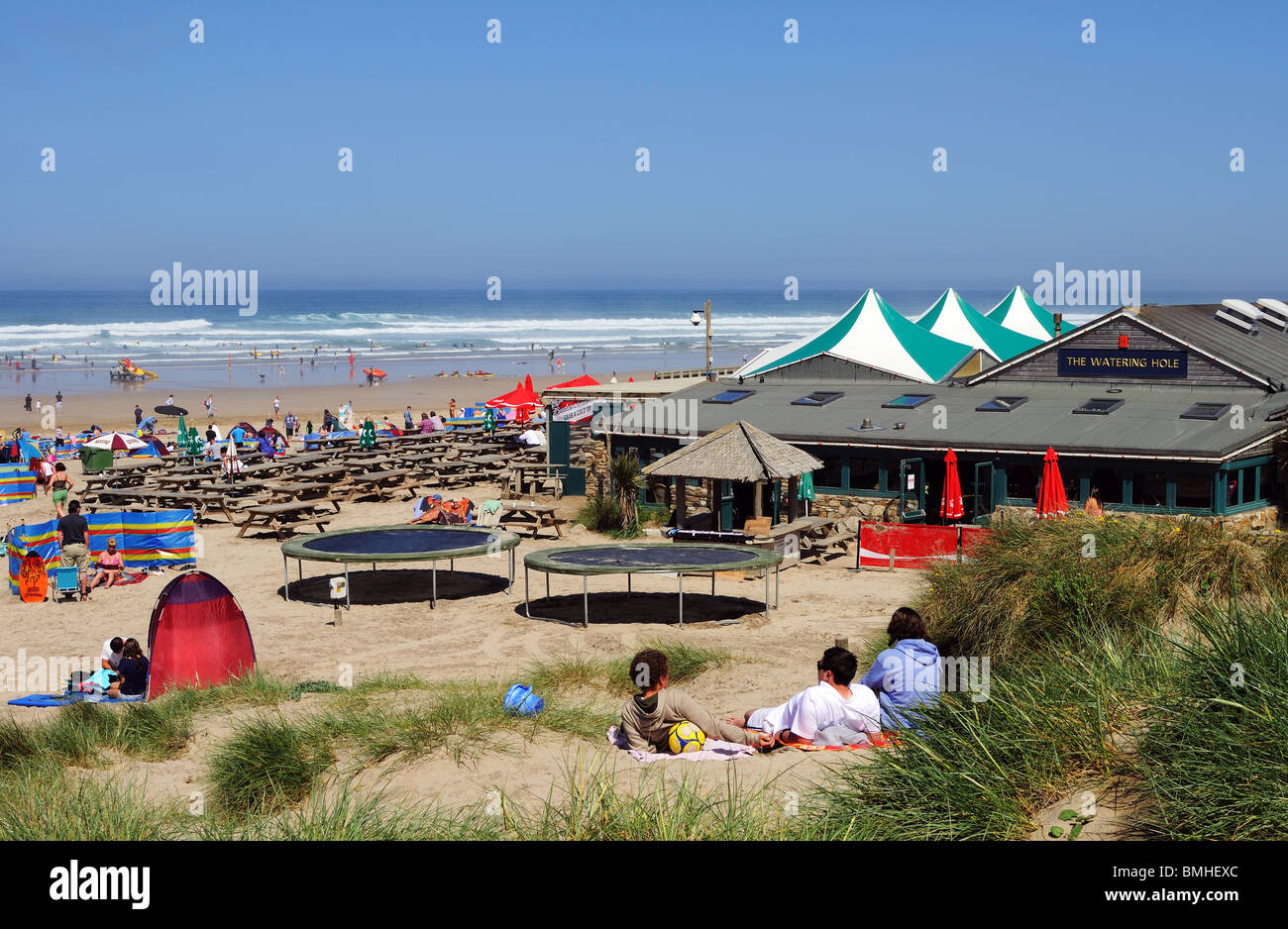 the " watering hole " pub on the beach at perranporth in cornwall, uk ...