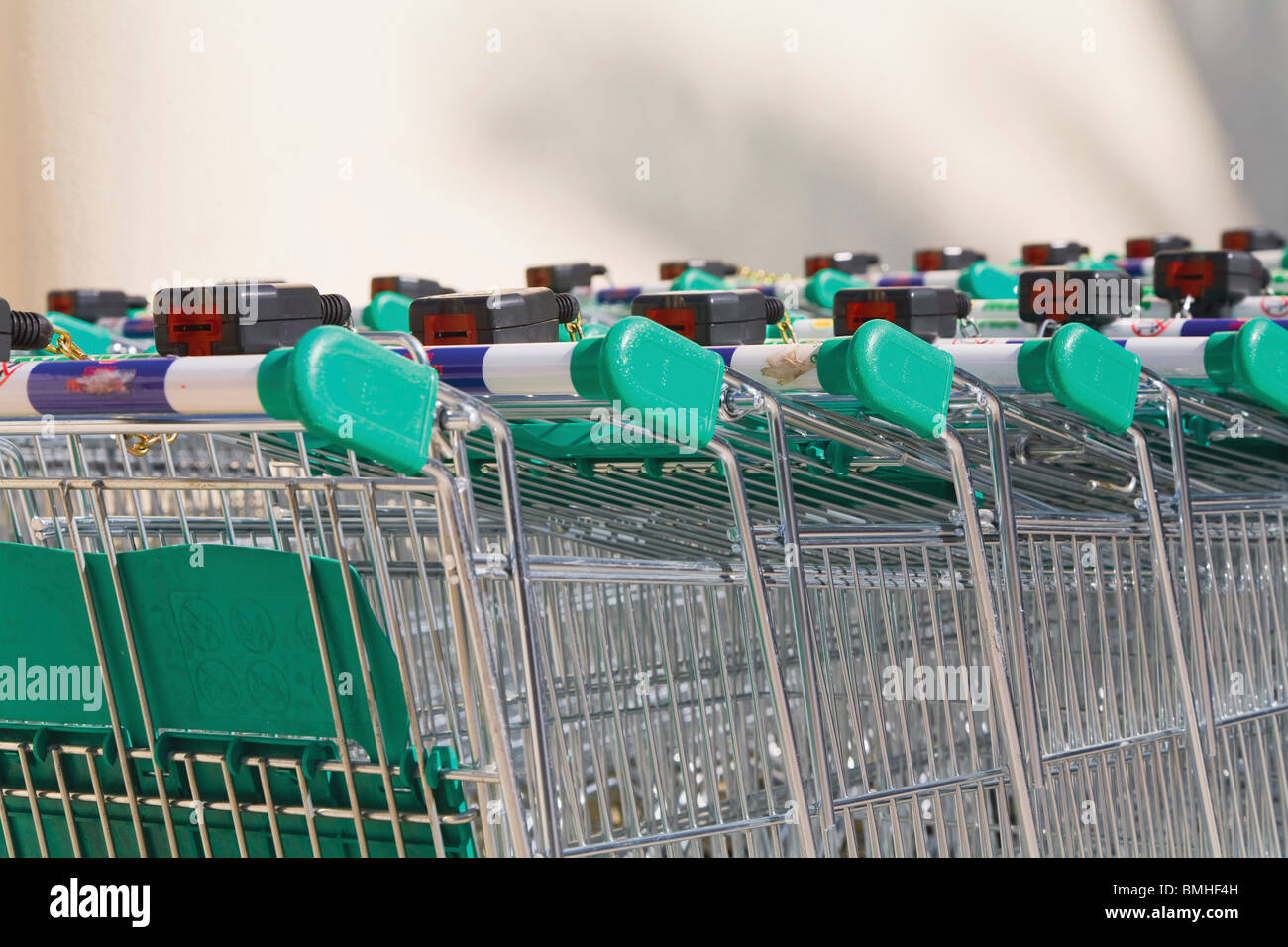 Shopping Carts; Rows Of Shopping Trolleys Outside Supermarket Stock ...