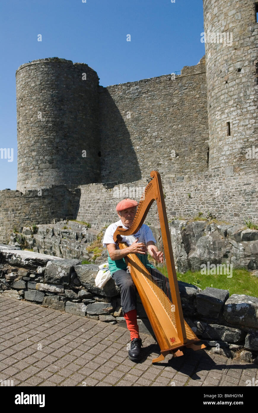 Harlech Castle, senior man, Welsh musician playing his Welsh Harp for ...